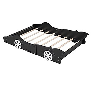 Zaboro Full Size Race Car-Shaped Platform Bed for Children, Solid Wood Bed Frame with Safety Rails and Wheels, Modern Low Bed with Sturdy Slats Support for Boys and Girls, No Box Spring Needed, Black