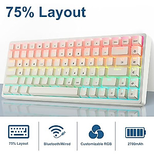 HUO JI Wireless Mechanical Gaming Keyboard, Programmable RGB Backlit, Bluetooth 5.0, Red Switches, 84 Keys, Wired 60% Keyboard for iPad, iMac Android/Windows Tablet Laptop Desktop, White