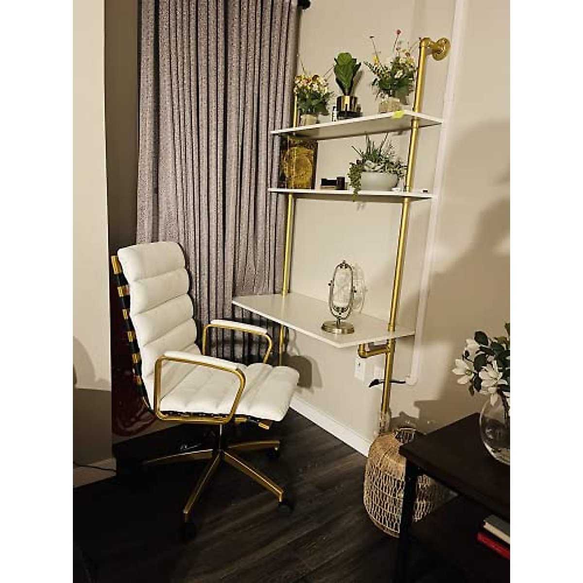 MAIKAILUN White and Gold Desk, 36" Ladder Desk, Wall Mount Computer Writing Table Pipe Shelf Shelving Mini Narrow Industrial Modern for Small Spaces(36x20x81)