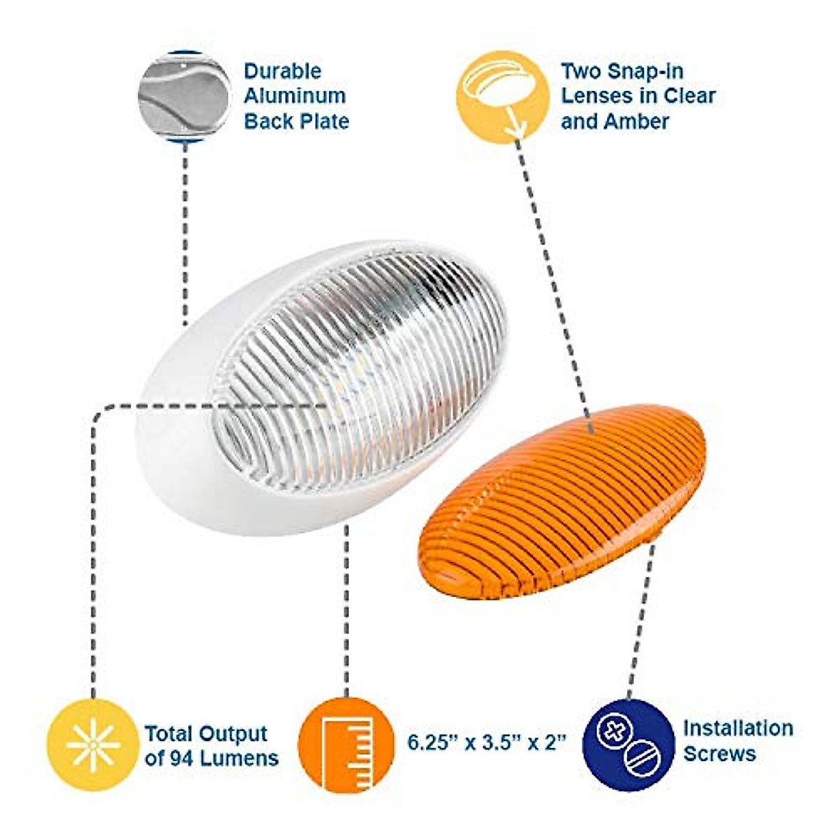 Lumitronics RV 12V LED Oval Porch Utility Light - Clear & Amber Lenses - for Motorhomes, Campers, Trailers, 5th Wheels (White)