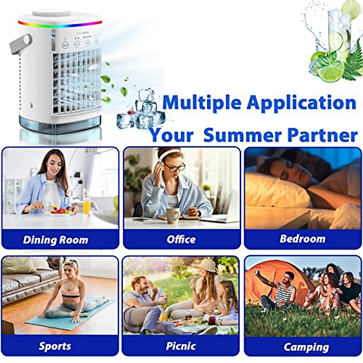 Portable Air Conditioner,4 IN 1 Effective Evaporative Personal Air Cooler with 4 Wind Speed&2 Cool Mist,Small Cold Air Fan with 2-8H timer&Colorful Nightlight for Room,Office,Desk,Camping (Blue)