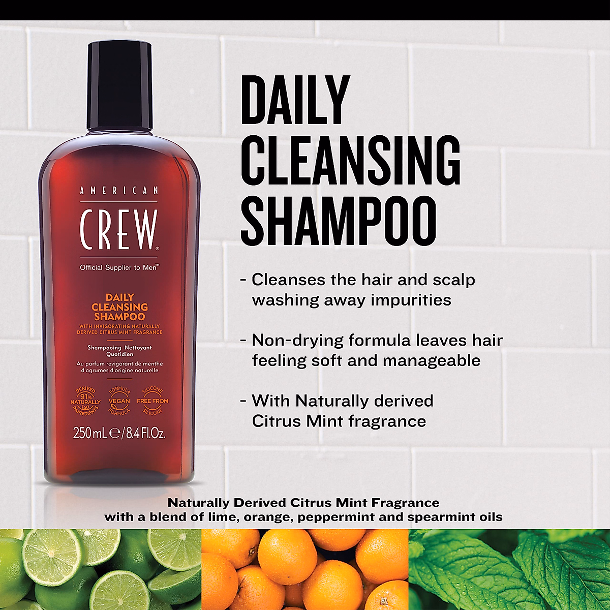 American Crew Shampoo for Men, Daily Cleanser, Naturally Derived, Vegan Formula, Citrus Mint Fragrance, 33.8 Fl Oz