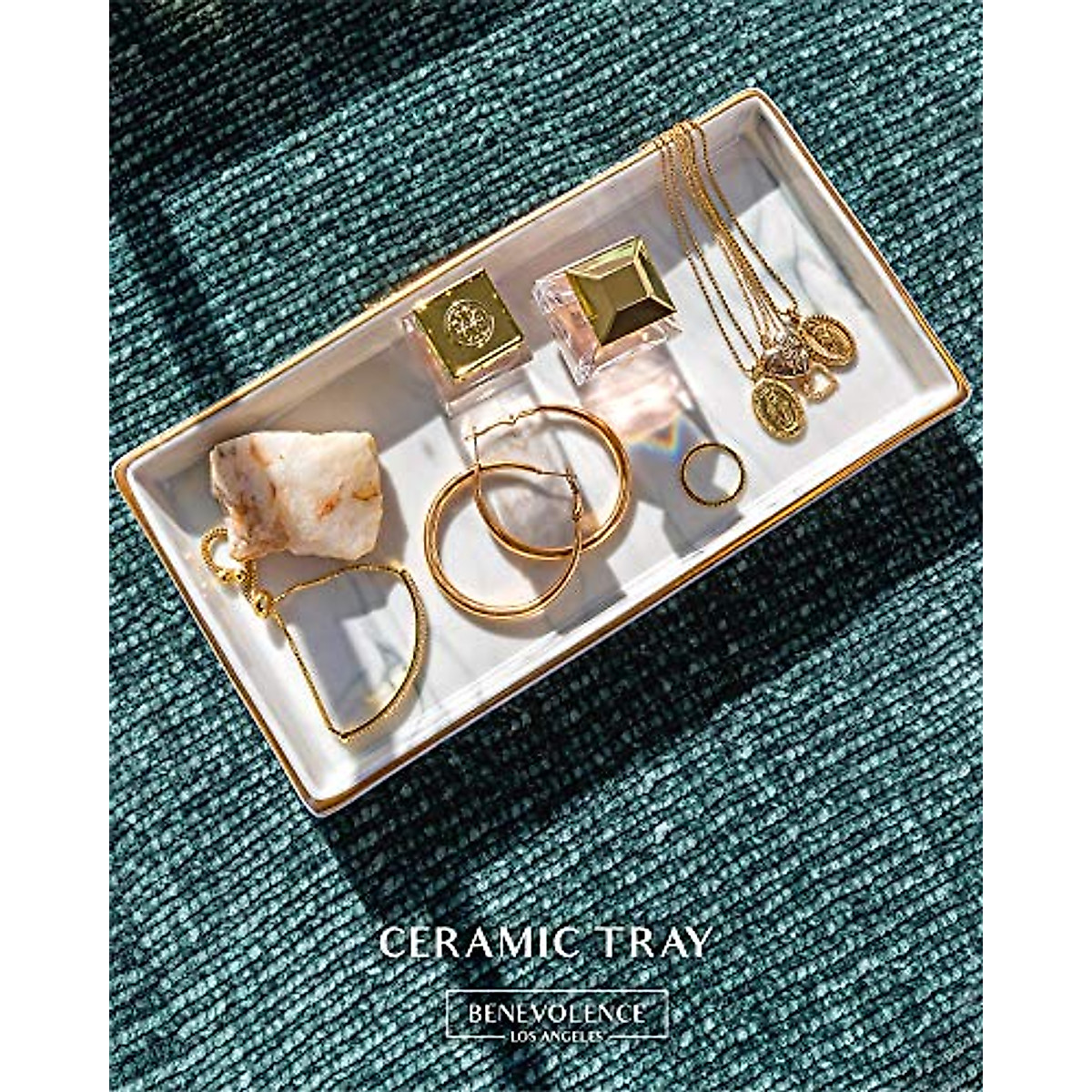 Ceramic Vanity Tray, Candle Tray with White Marble Finish | Jewelry Tray, Jewelry Dish | Marble Tray Decor, Perfume Tray for Dresser | Decorative Tray, Bathroom Tray, 9x4.5x1 inches