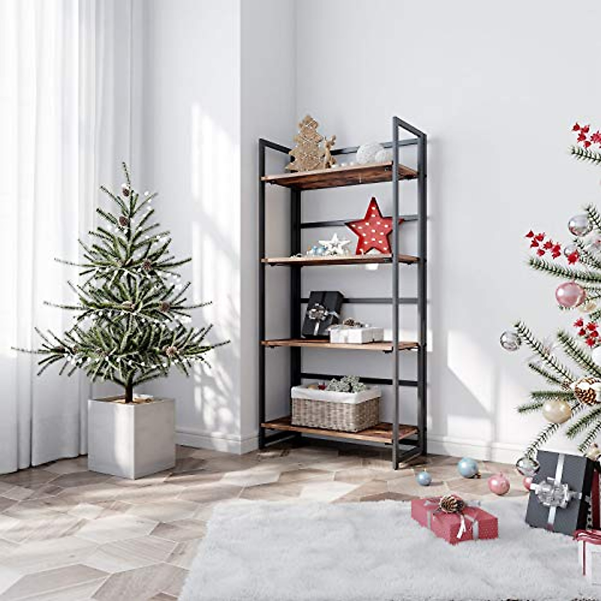 VASAGLE Industrial Bookshelf, Folding Bookcase, 4-Tier Ladder Shelf, Wood Look Accent Furniture with Metal Frame, for Home Office Sturdy and Stable ULLS88X