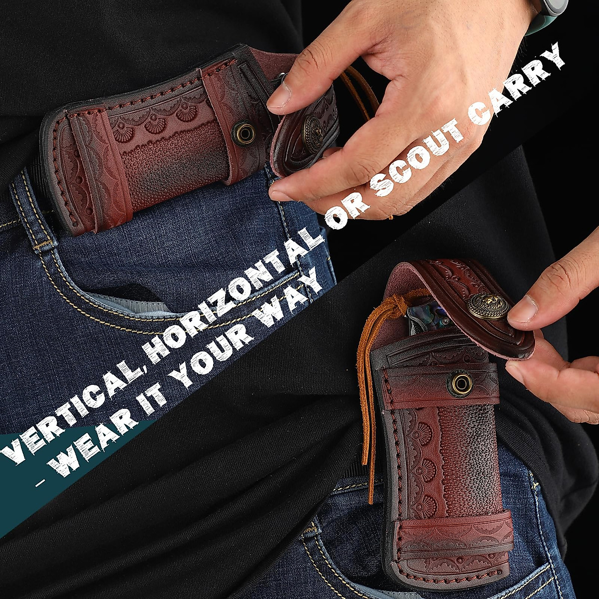 DRACHENADER Damascus Pocket Knife for Men, with Leather Sheath/Clip, 67-Layer Damascus Steel Pocket Knife Handmade Quick Release- Vg10 Steel Core Ebony Handle, Ideal Gift, Black