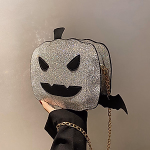 QZUnique Pumpkin Shoulder Bag, Halloween Crossbody Bags with Silver Sequin, Fashion Casual Bags with Bat Pendant for Women, Stylish Lightweight Purse