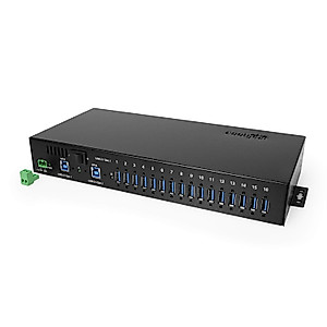 16 Port USB 3.2 Hub with Dual Upstream Ports, Surge Protection, Screw Lock, Rack & DIN Rail Mounting