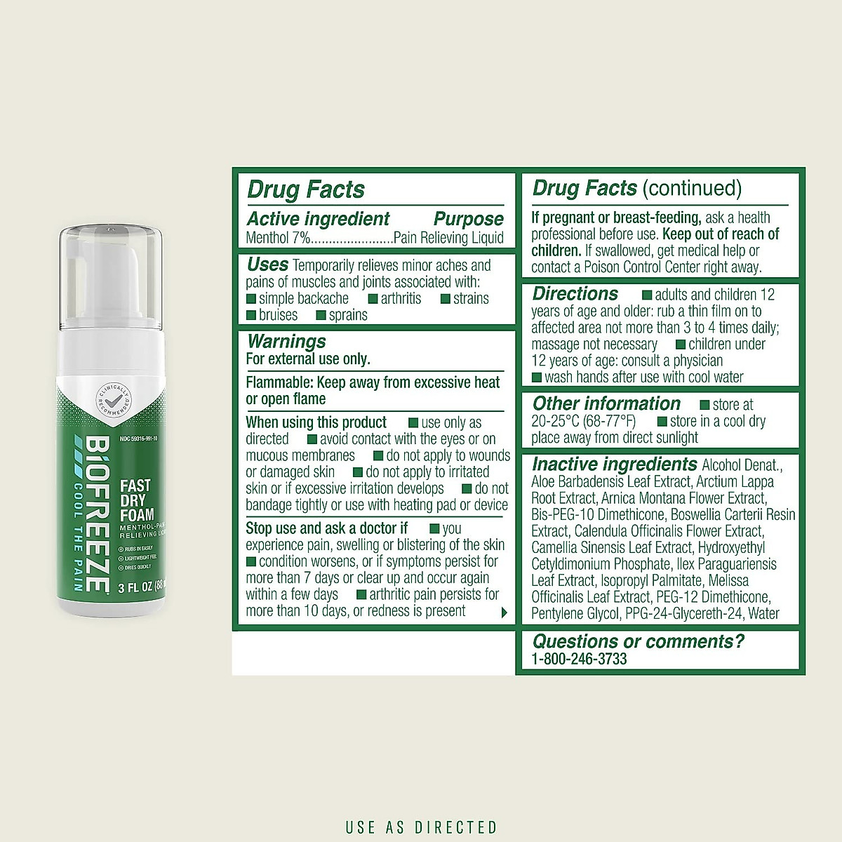 Biofreeze Menthol Pain Relieving Foam 3 FL OZ Roll-On Pain-Relieving Gel 3 FL OZ