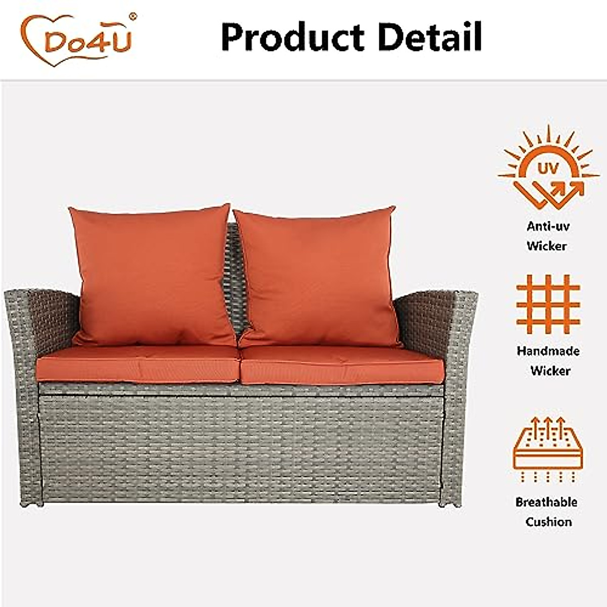 Do4U 4 Pieces Patio Furniture Sets Outdoor Sectional Wicker Set Outdoor Conversation Set Patio Set Patio Loveseats with Coffee Table Porch, Poolside, Terrace, and Yard (Grey-Orange)