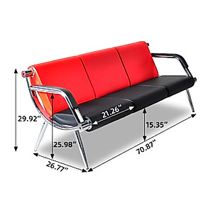 Waiting Room Bench with Armrest 3 Seat Red Black PU Leather Office Furniture Guest Seating Lobby Conference Reception Chair Visitor Guest Sofa for Office Airport Clinic Hospital Bank Salon Barber