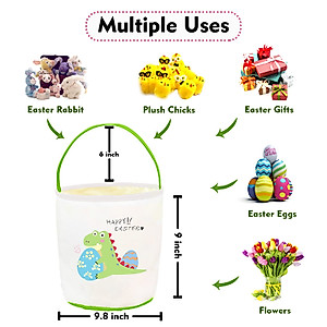 Cerlaza Easter Gift Basket Empty for Kids Canvas Tote, Easter Dinosaur Holding Eggs Hunt Basket with Handle for Toys Carrying, Cute Design Cotton Basket for Easter Party Supplies