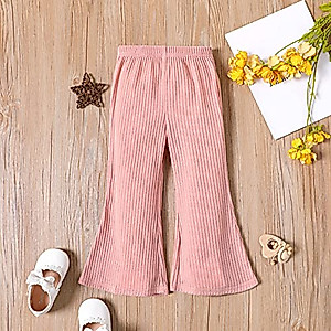 PATPAT Toddler Girl Ribbed Bell Bottom Flare Pants Solid Color Casual Elastic Waist Wide Leggings Trousers 2 Years Apricot