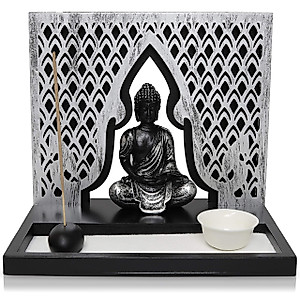 Basic Fundamentals Zen Garden Candle Holder Home Decor - Buddha Incense Stick Holder Office Desk Accessories - Zen Garden Sand Office Decor - Buddha Table Top - 8.75" x6.5”x 8.75”