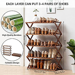 QUMENEY Foldable Bamboo Shoe Rack, 5 Tier Portable Folding Shoes Storage Organizer, No Assembly Free Standing Boots Shelf Suitable for Entryway, 27.5 x 9.8 x 30in (Dark)
