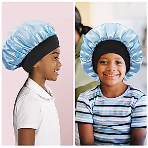 3 Pack Kids Satin Bonnet,Double Layer Child Sleeping Cap,Silky Night Sleep Caps Elastic Wide Band,Soft Breathable Satin Caps,Kids Hair Bonnets for Girls Baby Toddler Teens (Pink+Blue+Red)