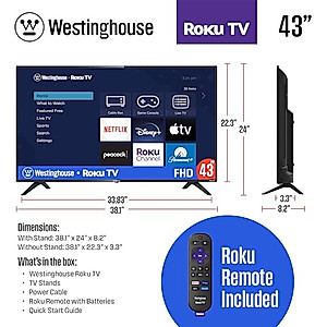 Westinghouse Roku TV - 43 Inch Smart TV, 1080P LED Full HD TV with Wi-Fi Connectivity and Mobile App, Flat Screen TV Compatible with Apple Home Kit, Alexa and Google Assistant