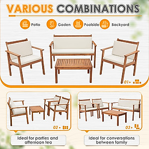 Greesum 4 Piece Bistro Patio Furniture Outdoor Chat Chair Set with Water Resistant Cushions and Coffee Table for Beach Backyard Garden, Acacia Wood