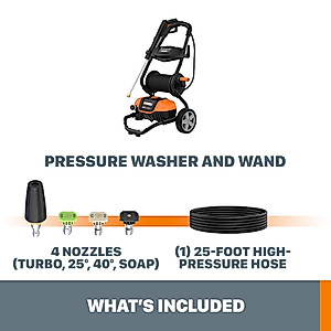 WORX WG604 1600 Max PSI 13A Pressure Washer with Rolling Cart, Black and Orange