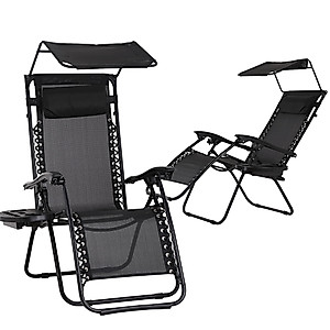 FDW 2 PCS Zero Gravity Chair Lounge Chairs Patio Chairs with Canopy Cup Holder for Outdoor Patio Seaside (Black)