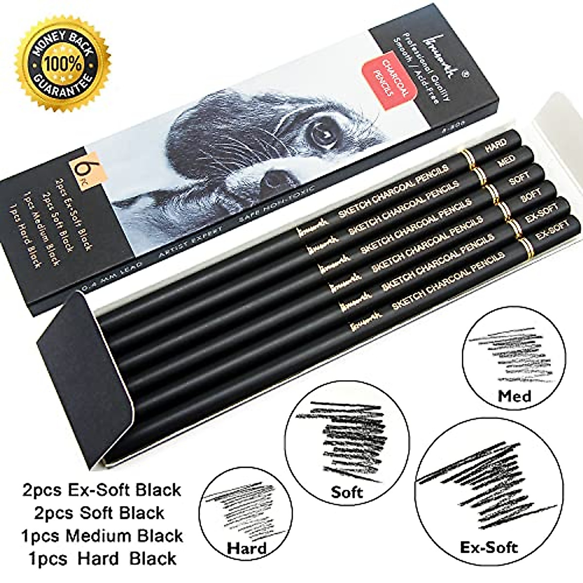Brusarth Professional Charcoal Pencils Drawing Set 6 Pieces (Ex-Soft, Soft, Medium, & Hard) Charcoal Pencils for Drawing, Sketching, Shading, Artist Pencils for Beginners & Artists