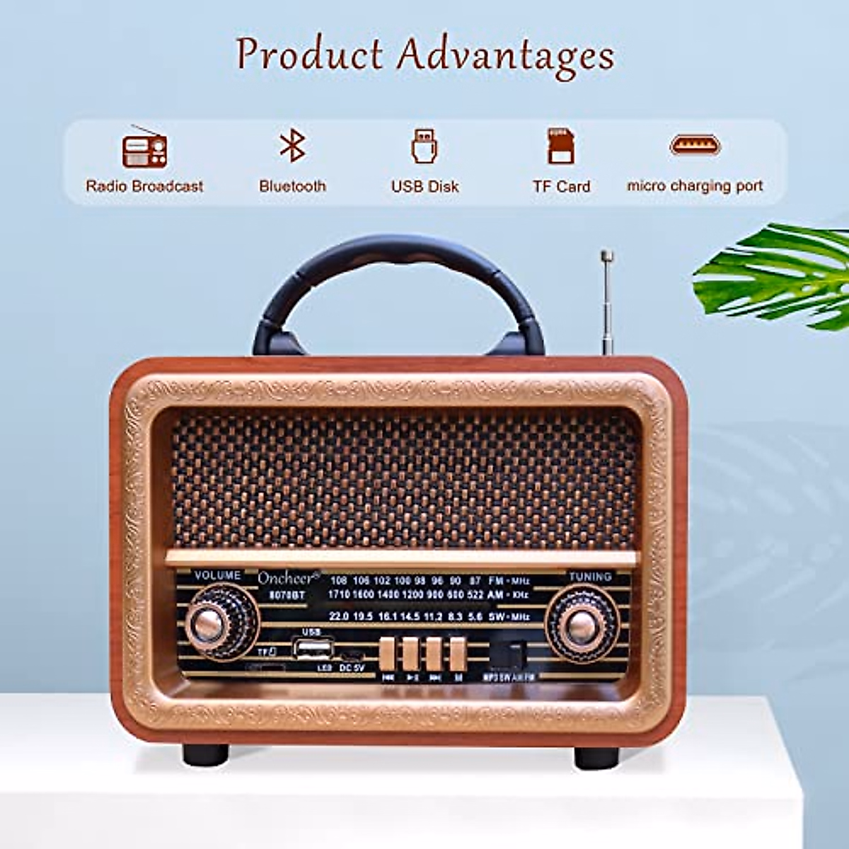 Oncheer 3-Band Portable Radio with Bluetooth & USB | Vintage Design
