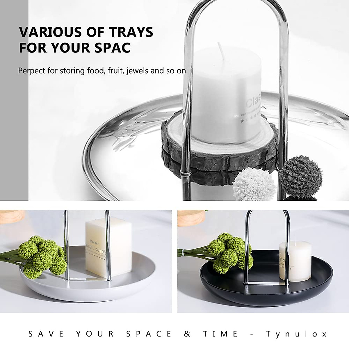 Tynulox Plastic Serving Tray with Stainless U-Handle, Grey Rectangle Portable Tray Modern Decorative Tray for Storing Food, Coffee, Cosmetics in Bedroom, Kitchen, Living Room, 1 Pcs.