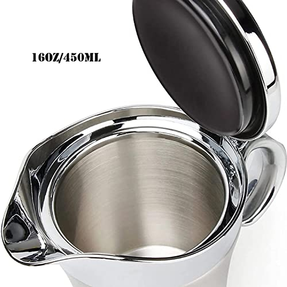 FOXDISK 304 Stainless Steel Double Insulated Gravy Boat 16 oz with Hinged Lid,Sauce Jug and Steak Sauce Pot Double Walled Insulated Thermal (16 oz/450ml)