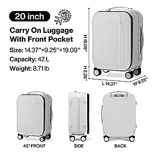 Mixi Carry On Luggage, 20'' Suitcases with Spinner Wheels, Rolling Travel Suitcase with Front Laptop Pocket Luggage Aluminum Frame PC Hardside with TSA Lock and Cover, Smoke White