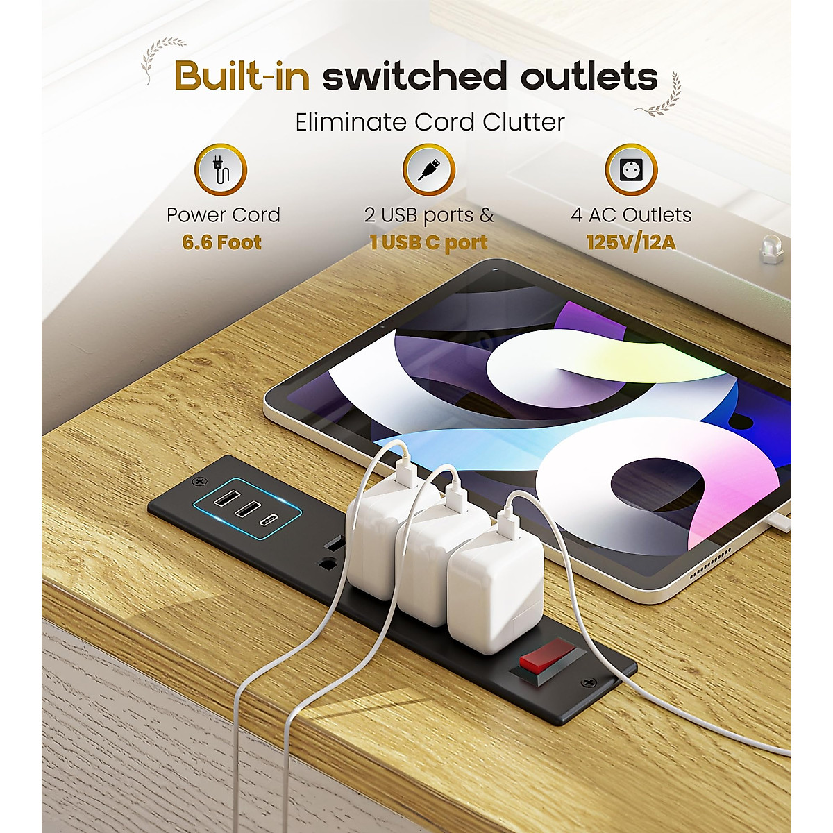 DOMICON Rustic Corner Desk with Storage, L Shaped Farmhouse Office Desk with Sufficient Storage Capacity, Built-in Power Socket and Barn Door Design