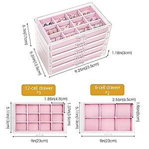 ProCase Earring Holder Organizer Jewelry Box with 5 Drawers, Acrylic Clear Earring Case with Adjustable Velvet Trays for Women - Pink, 5 Layers