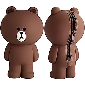 Pencil Case 3D Silicone Cartoon Cute Brown Bear Storage Box with Back Zipper Portable Hand-held Wallet Students Stationery Pen Holders Cosmetic Makeup
