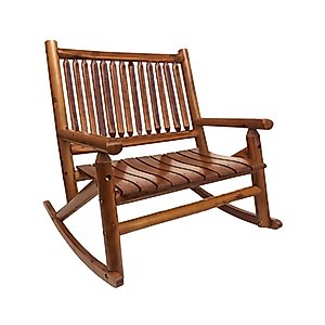 Leigh Country Double Porch Rocking Chair with Curved Seat Slats, Wide Seat, and Stained Finish for Lawn, Garden, and Patio Spaces, Honey