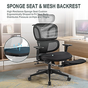 Ergonomic Office Chair with Foot Rest, Coat Hanger, High Back Mesh Computer Chair with Lumbar Support, High Resilience Sponge Seat, Comfy Reclining Home Office Desk Chair, Black