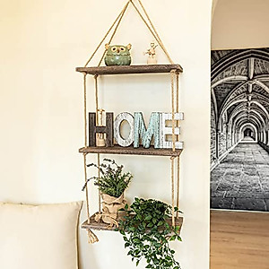 TIMEYARD Decorative Wall Hanging Shelf, 3 Tier Distressed Wood Jute Rope Floating Shelves, Rustic Home Wall Décor