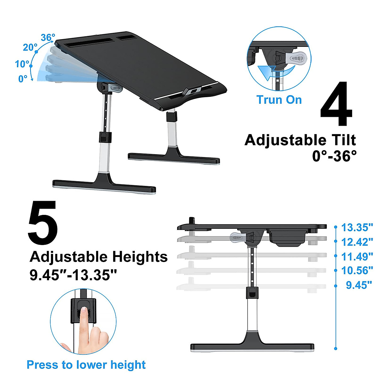 EVETTO Laptop Bed Desk, X-Large Leather Adjustable Computer Bed Table Tray, Foldable Laptop Lap Desk for Bed Sofa Couch Floor Writing Eating Working with Drawer 2 Movable Stoppers (23.6 inch, Black)