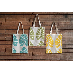 Handprinted Canvas Tote Bag, Reuseable Grocery Shopping Tote with Long Handles, Multipurpose, Sturdy 100% Cotton Canvas Shoulder Bag with Big Tropical Fijian Leaf Print - Via Print, Yellow