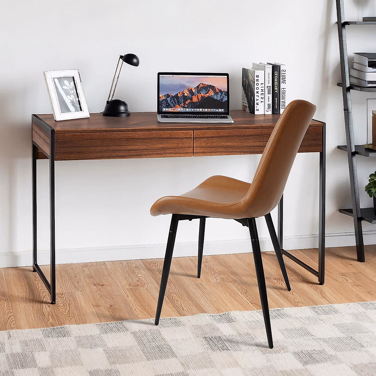 CangLong Dining Chairs Set of 2 in Faux Leather Brown Cushion Seat, Upholstered Dining Accent Side Chairs with Comfy Back and Sturdy Black Metal Legs for Living, Restaurant & Meeting Room, Brown