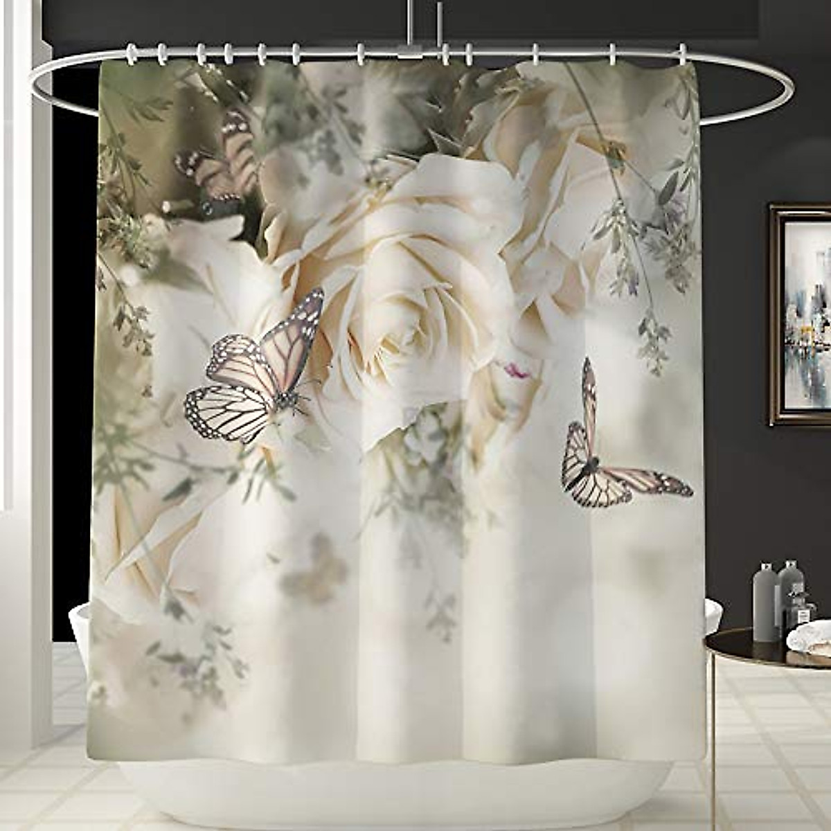 4Pcs Flower Shower Curtains Sets with Rugs Polyester Bathroom Shower Curtains Lid Toilet Cover Bath Mat Rug with Hooks Bathroom Accessory Sets 70"x70"(Roses and Butterflies)