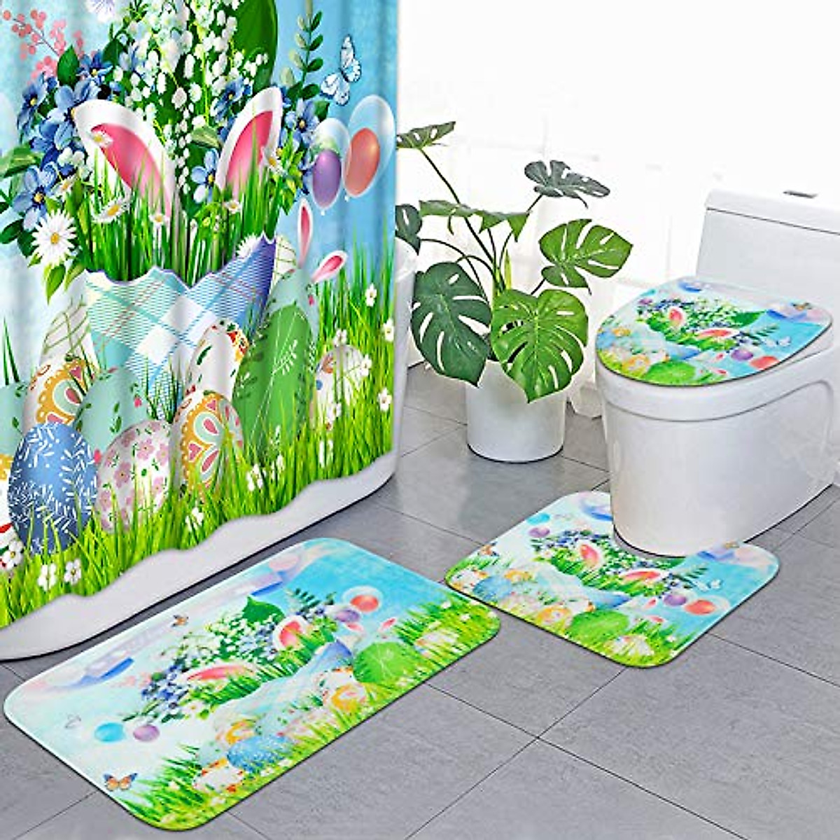 Ikfashoni 4 Pcs Easter Shower Curtain Set with Non-Slip Rugs, Toilet Lid Cover and Bath Mat, Spring Floral Shower Curtains with 12 Hooks, Rabbit Bunny Egg Shower Curtains for Bathroom