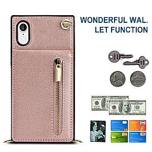 Jaorty Crossbody Phone Case for iPhone XR Case with Card Holder for Women,iPhone XR Case Wallet with Strap Lanyard for Men,PU Leather Magnetic Clasp with Kickstand 6.1", Rosegold