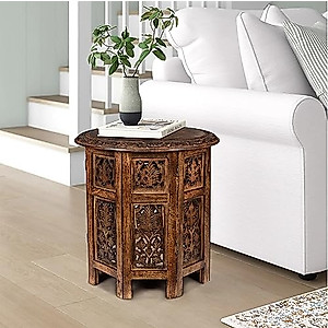Goroly Home Solid Wood Hand Carved Accent Table, Side Table, Entryway Table, Wooden End Table, Octagonal Wooden Table - 18 Inch Round Top x 18 Inch High - Burnt