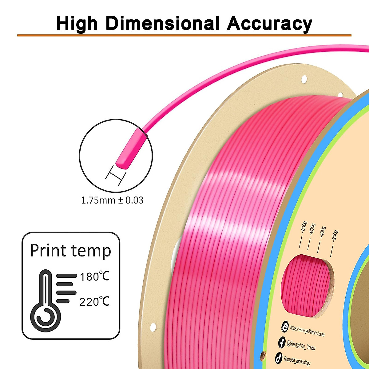 YOUSU Silk PLA 3D Printer Filament with Shiny Surface, Silk Pink PLA Filament 1.75mm 1kg, Compatible with Most of 3D Printer.