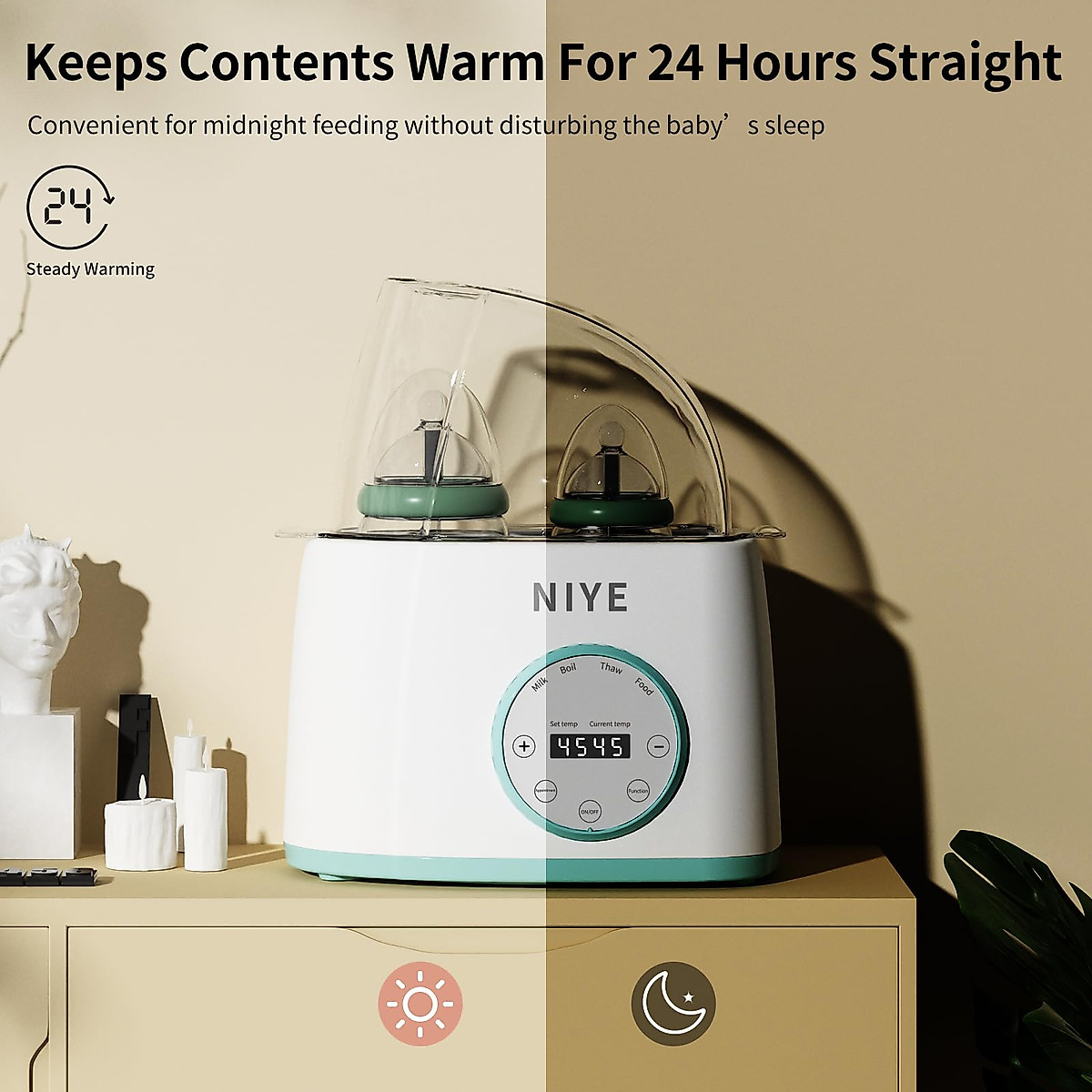 NIYE Double Bottle Warmer for Breastmilk Baby Bottle Warmers for All Bottles for Travel Portable Milk Warmer On The Go,Heating,Thawing&Boiling, Accurate Temperature Adjustment, 24h Constant Mode