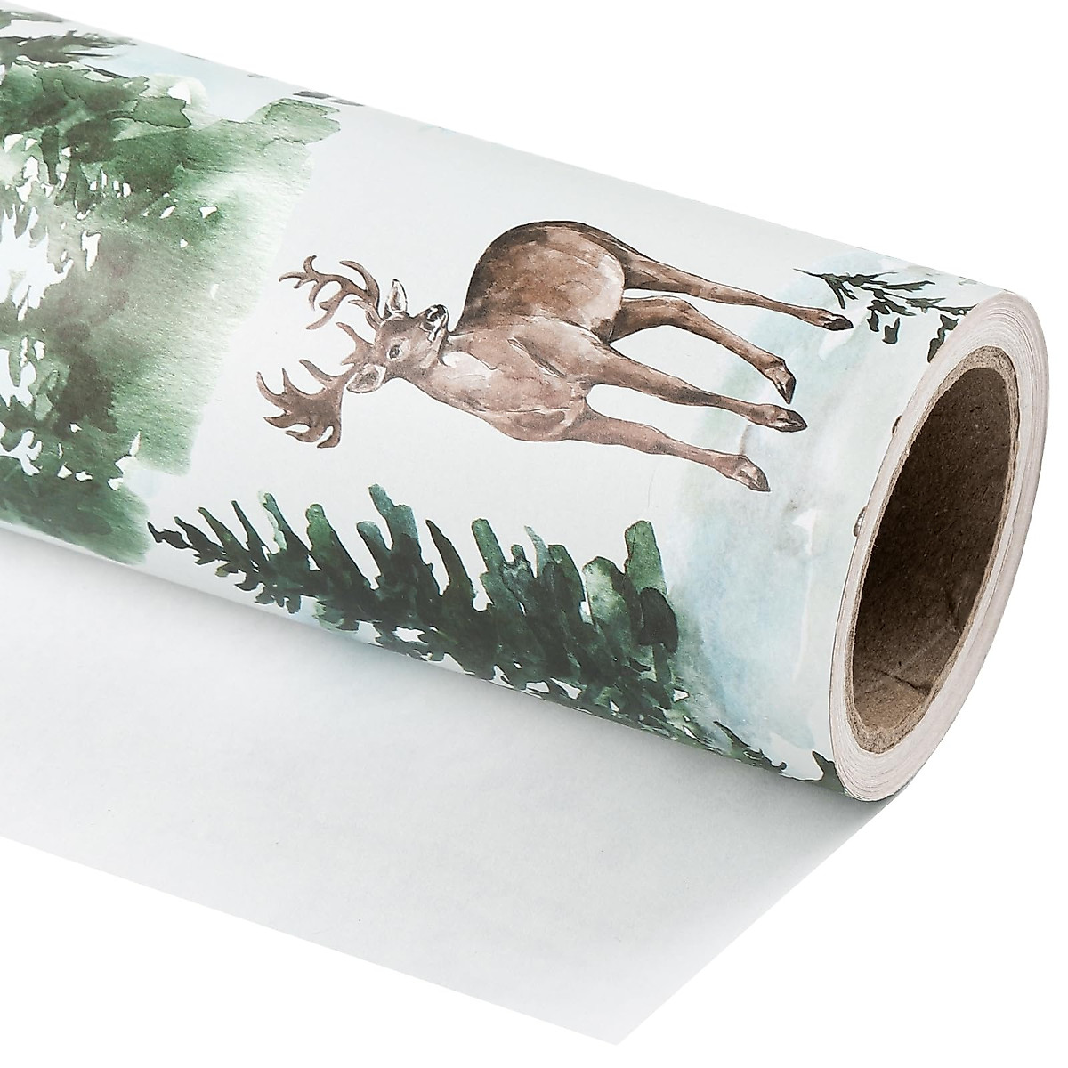 WRAPAHOLIC Kraft Christmas Wrapping Paper - Mini Roll - 17 Inch x 33 Feet - Watercolor Elk and Winter Forest Landscape Design for Christmas, Holiday, Party Celebration
