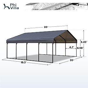 PHI VILLA Outdoor Metal Carport 20' x 20', Carport Canopy Tent Heavy Duty, Garage Car Shelter Shade with Metal Roof, Frame and Bolts for Car, Truck and Boat