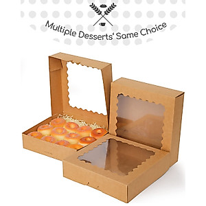 qiqee Auto-pop up Brown Pie Boxes with Window 10x10x2.5 inch 30Packs Cookie Donut Bakery Box