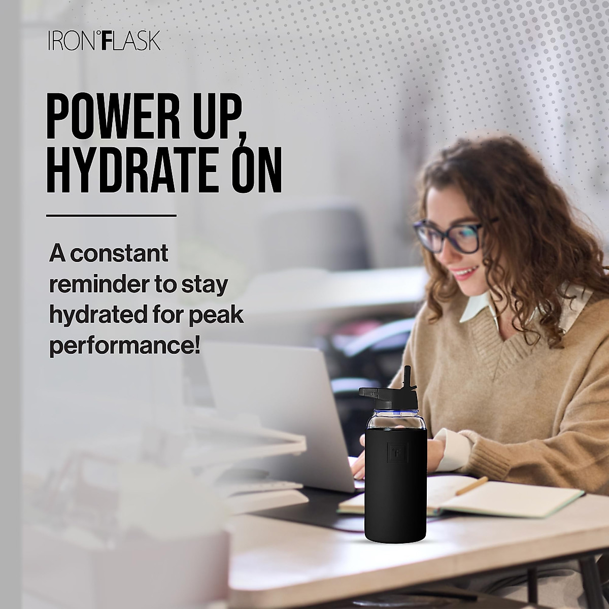 IRON °FLASK Glass Sports Water Bottle - Straw Lid, Airtight Leak Proof, Vacuum Insulated, Bosilicate Glass, Silicone Sleeve, Retains Temperature - Midnight Black, 32 Oz