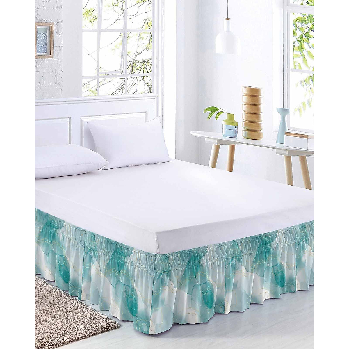Marble Agate Bed Skirt Queen Size 16 Inch Drop, Adjustable & Elastic Wrap Around Bed Skirts Pleated Luxury Dust Ruffles for Twin Full Queen Cal King Base Bed, Marbling Gold Gradient Aqua Turquoise