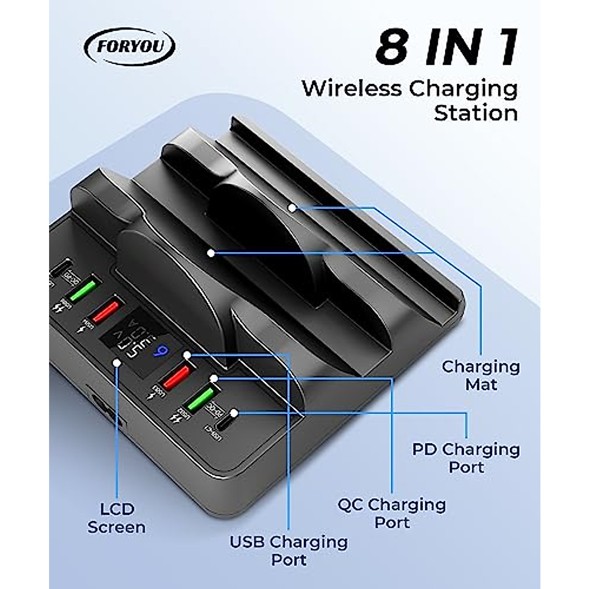 FORYOU Charger Station Wireless Charger Phone with QC/PD Ports, 8 in 1 Fast Charging Pad Wireless Phone Charger for iWatch/Airpods/Samsung/Android/iPhone 14 13 12 for Travel Essentials