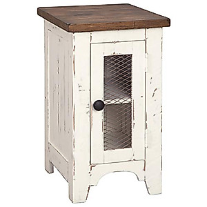 Signature Design by Ashley Wystfield Farmhouse Square Storage Coffee Table with Hinged Lift Top, Distressed White and Chair Side End Table with Cabinet Door for Storage, White & Brown